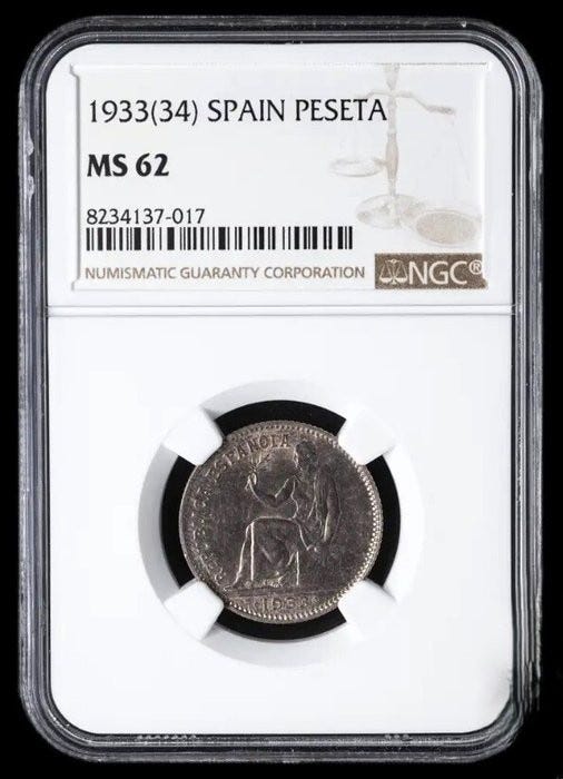 Spania. 1 Peseta II República 1933 *34- NGC MS 62 Plata (Ingen reservasjonspris) | FINN-torget
