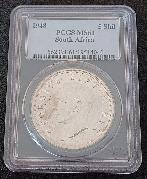 Sør-Afrika. 5 Shilling 1948 UNC Springbok 80% Silver 5S NGC MS61 (Ingen reservas | FINN-torget