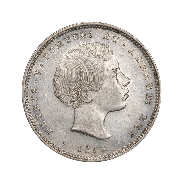 Portugal. D. Pedro V (1853-1861). 200 Reis 1855 - 2º tipo | FINN-torget