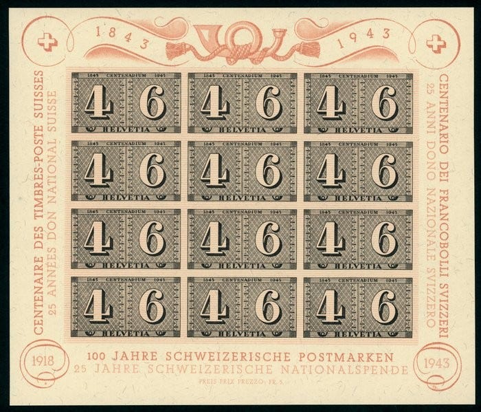 Sveits 1943 - føderale merker - postfrischer Block "100 Jahre Schweizer ...