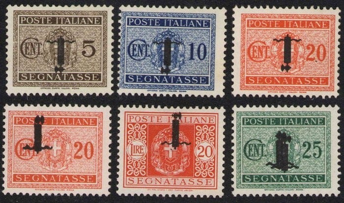 Italia 1944 - RSI - Segnatasse, 6 verdier. 3 overtrykk snudd opp ned, 2 ...