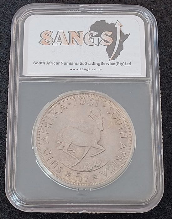 Sør-Afrika. 5 Shilling 1951 Springbok George VI 50% Silver 5S AU55 SANGS (Ingen | FINN-torget