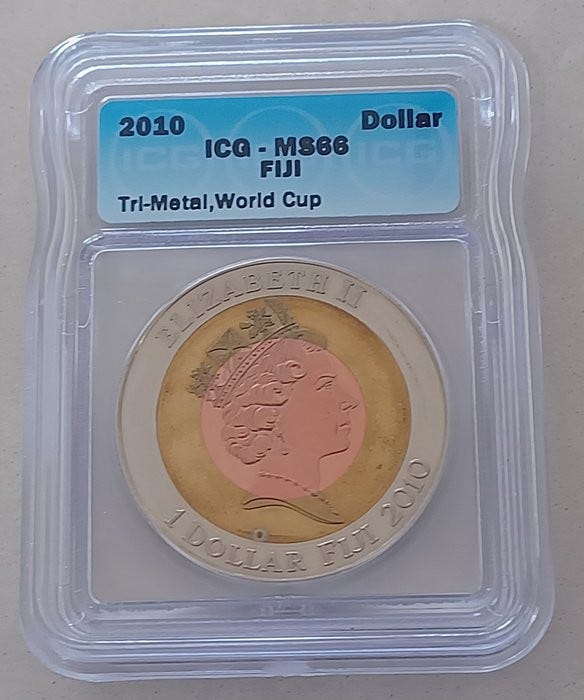 Fiji, Sør-Afrika. 1 Dollar 2010 ICG MS66 FIJI SOUTH AFRICA WORLD CUP TRI METAL R | FINN-torget