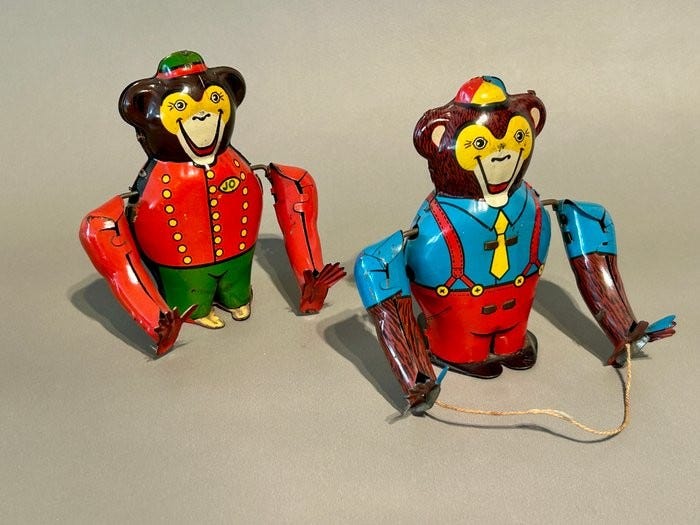 Joustra - Tinn lekefigur - Jim & Jo, 2 touwtjespringende apen - 1950 ...