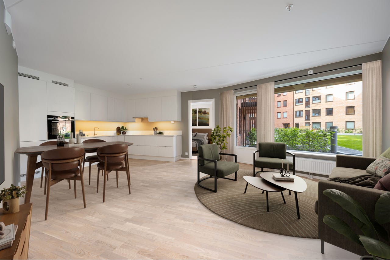 Solrik 2-roms med markterrasse på 10 kvm. Romslig Stue og kjøkken og ...