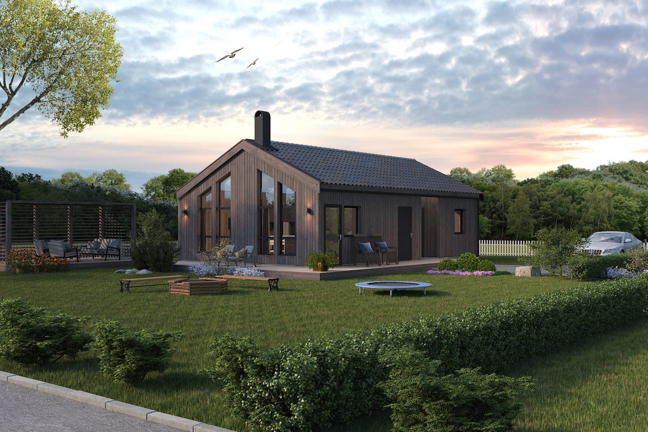 Praktisk og moderne kompaktbolig med åpen himling og vinduer som gir en ...