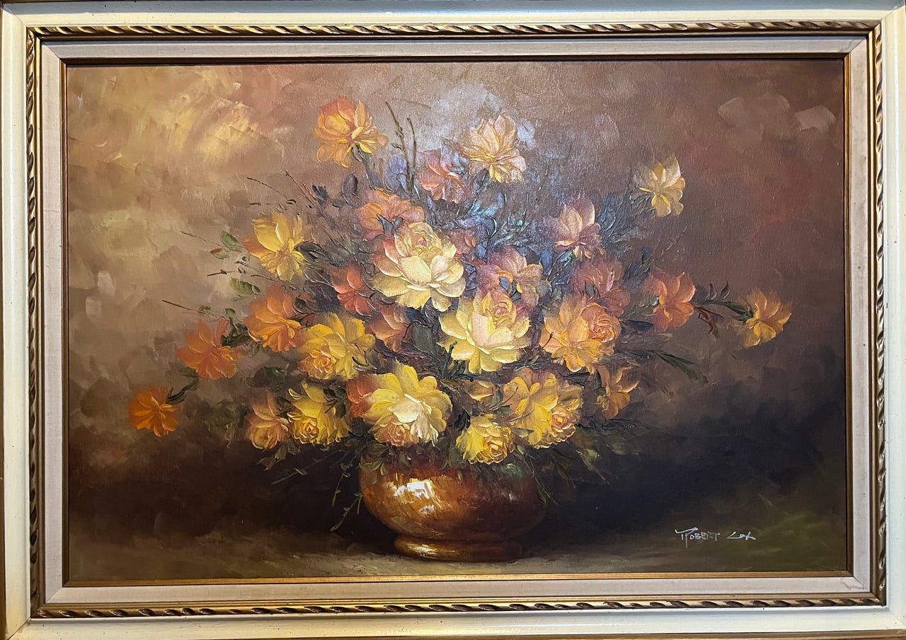 Meget vakkert stort blomstermaleri av Robert Lox. | FINN-torget