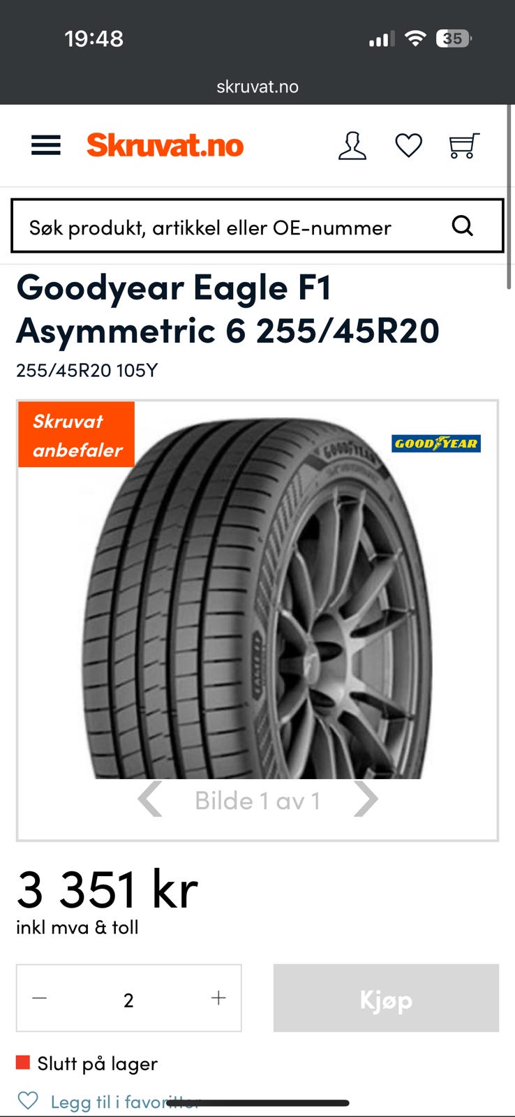 2.stk ubrukte dekk Goodyear Eagle F1 Asymmetric 6 255/45R20 | FINN-torget