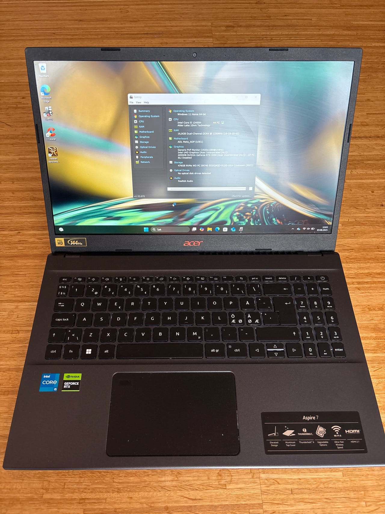 Acer Aspire 7 i5-12th gen, 16 GB RAM, 512 m.2 RTX 2050 4GB, Win 11 ...