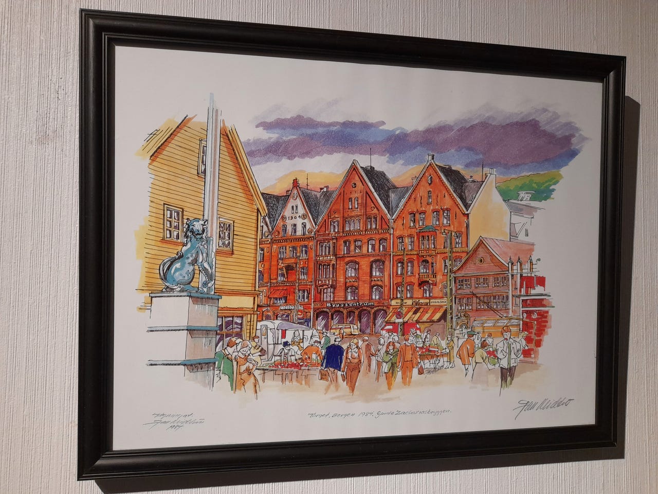 Jan Midtun,"Torget i Bergen m/Gamle Zachariasbryggen, signert trykk ...