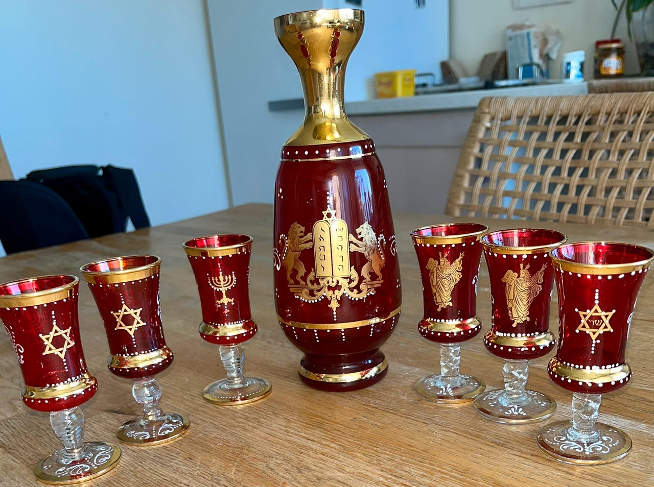 Vintage Murano venetiansk rubinrødt glass Shabbat , DAVIDSSTJERNE gull ...