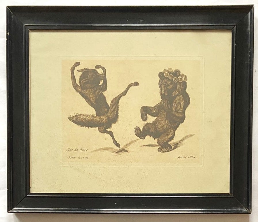 LOUIS MOE (1857-1945). Radering. "Dansende rev og bjørn". Opus 53 ...