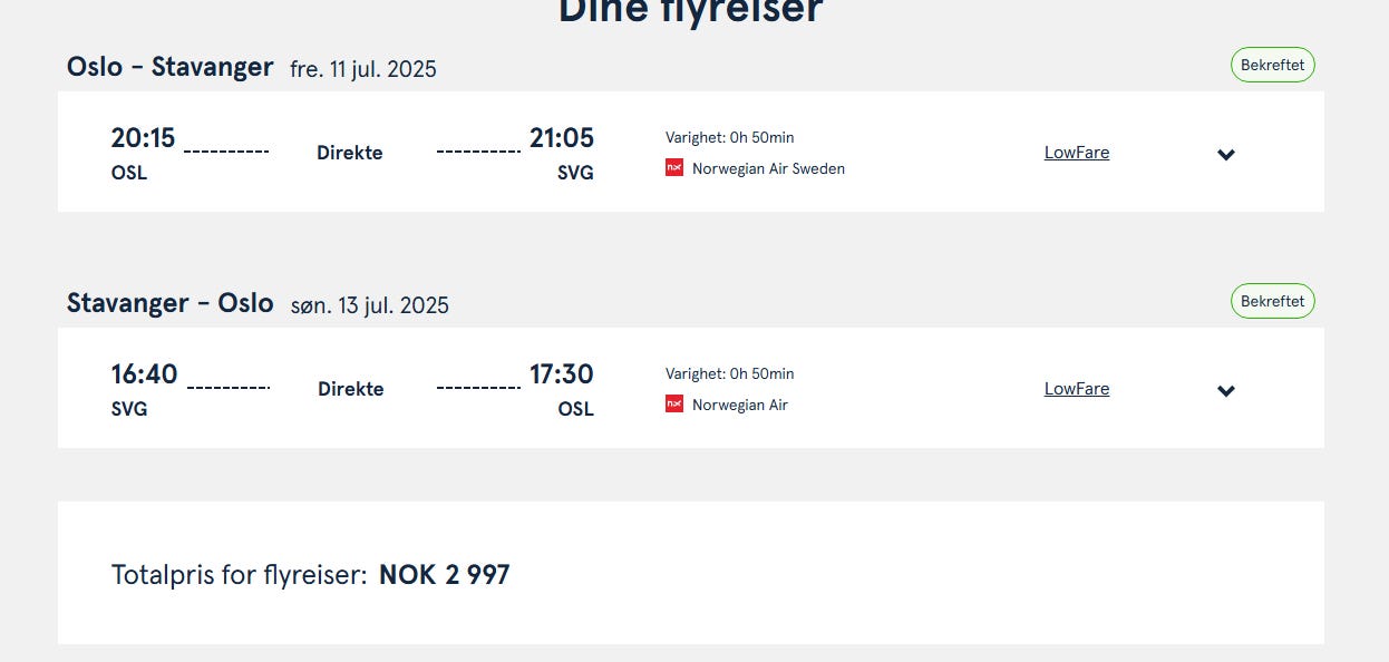 Norwegian Air Flybilletter Oslo-Stavanger Tur- Retur | FINN-torget