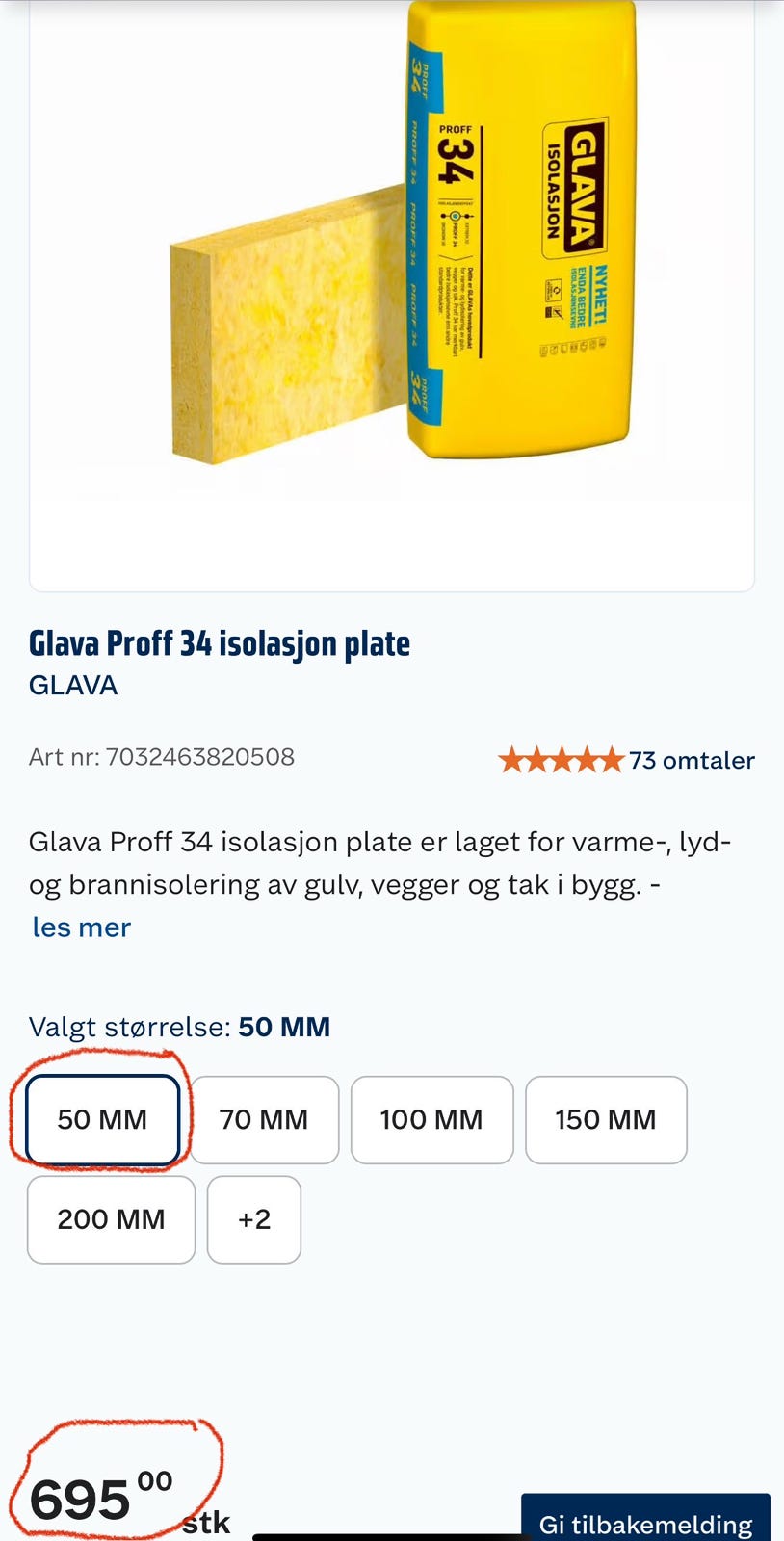 Glava prof 34 isolasjon plate 50 mm | FINN-torget