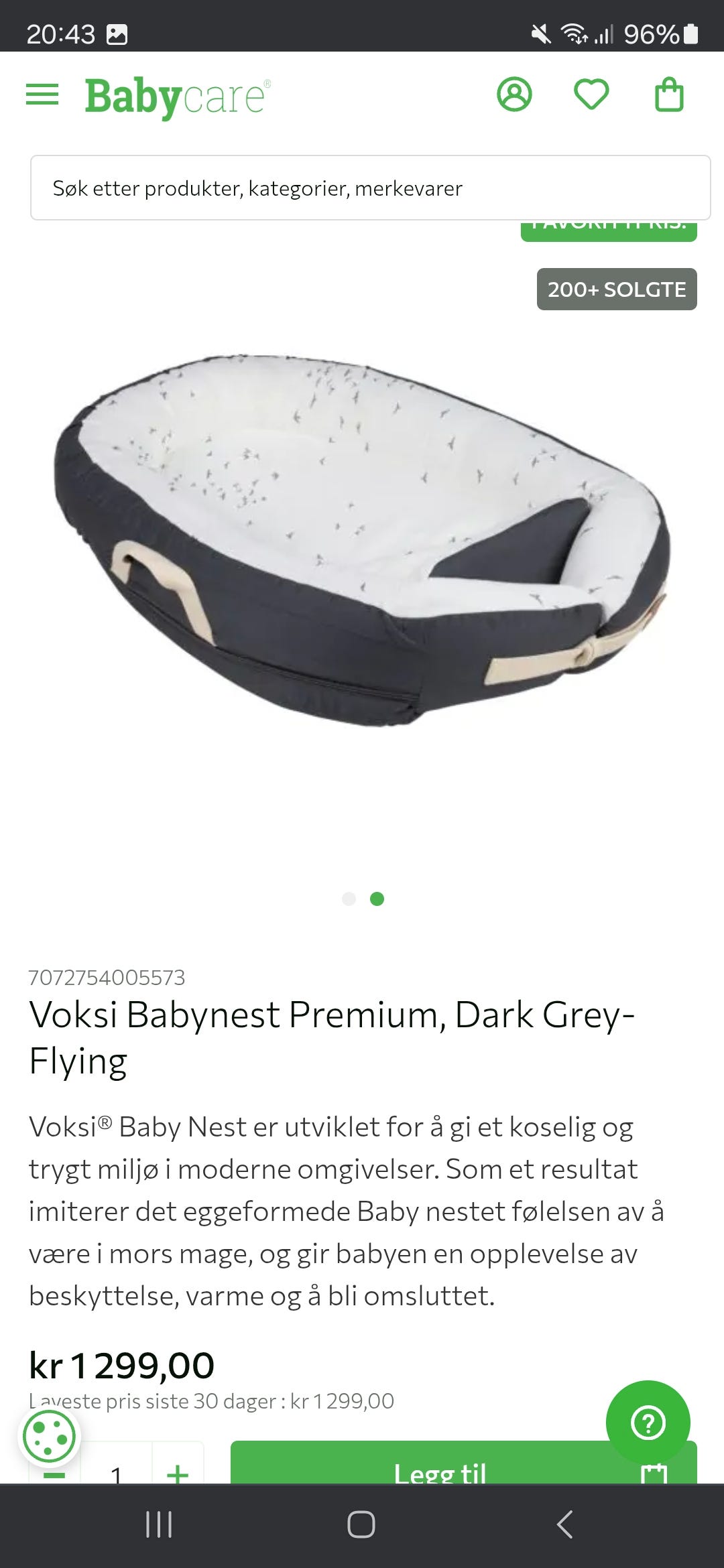 Voksi Babynest Premium, Dark Grey-Flying | FINN-torget