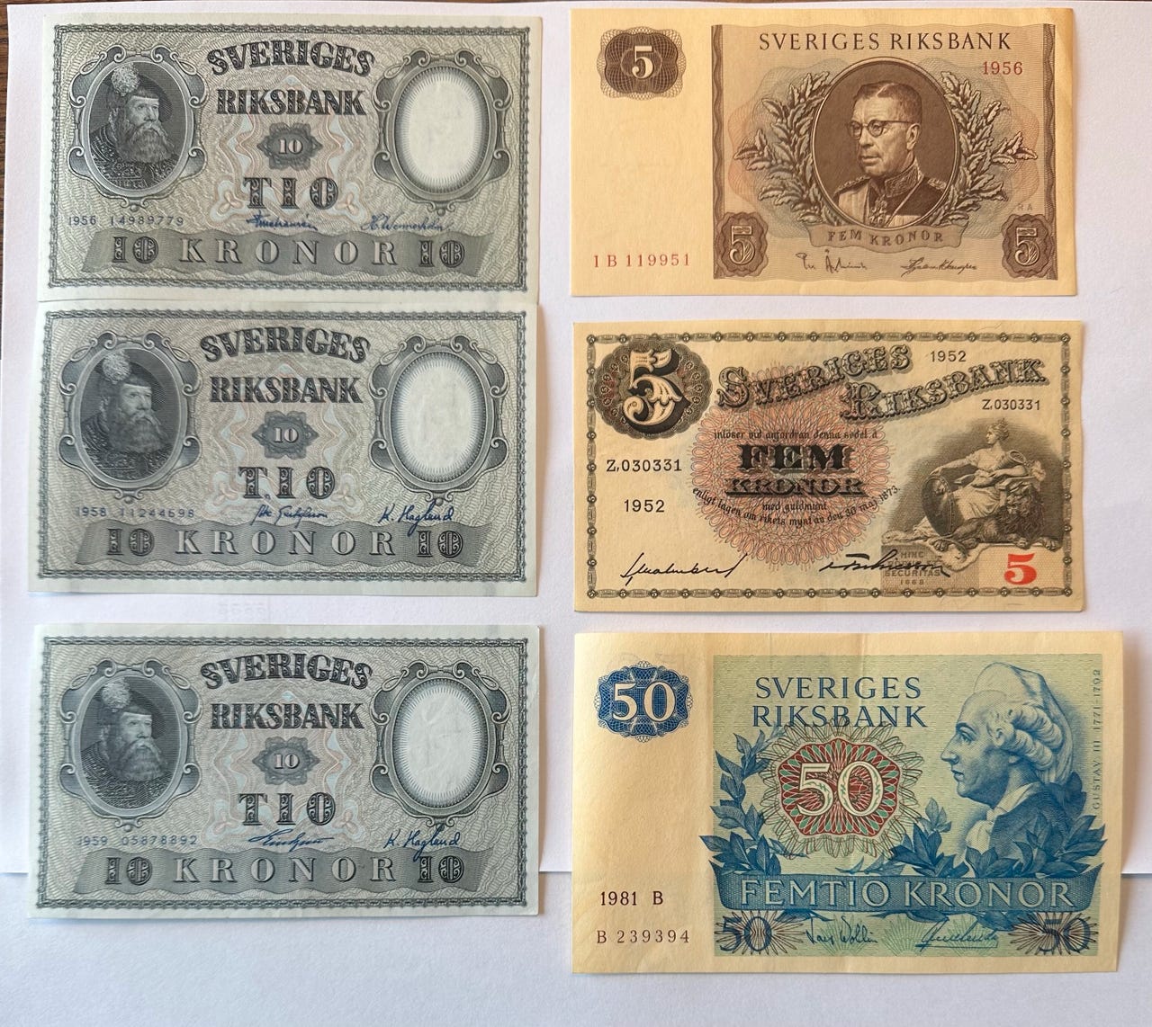 6 Svenske sedler 5 Kronor, 10 Kronor og 50 Kronor | FINN-torget