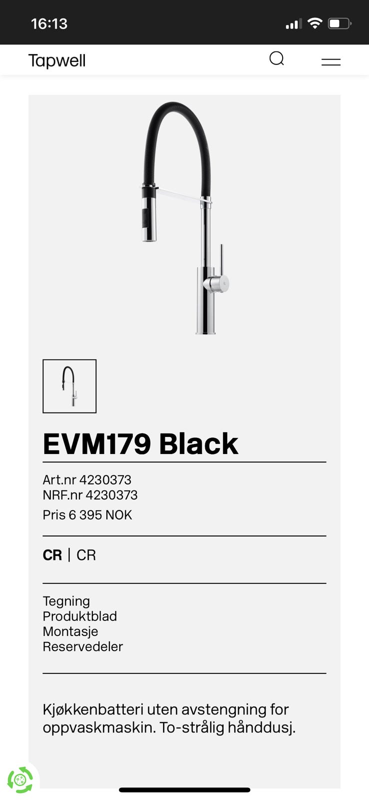 Tapwell Evo kjøkkenbatteri - ubrukt | FINN-torget