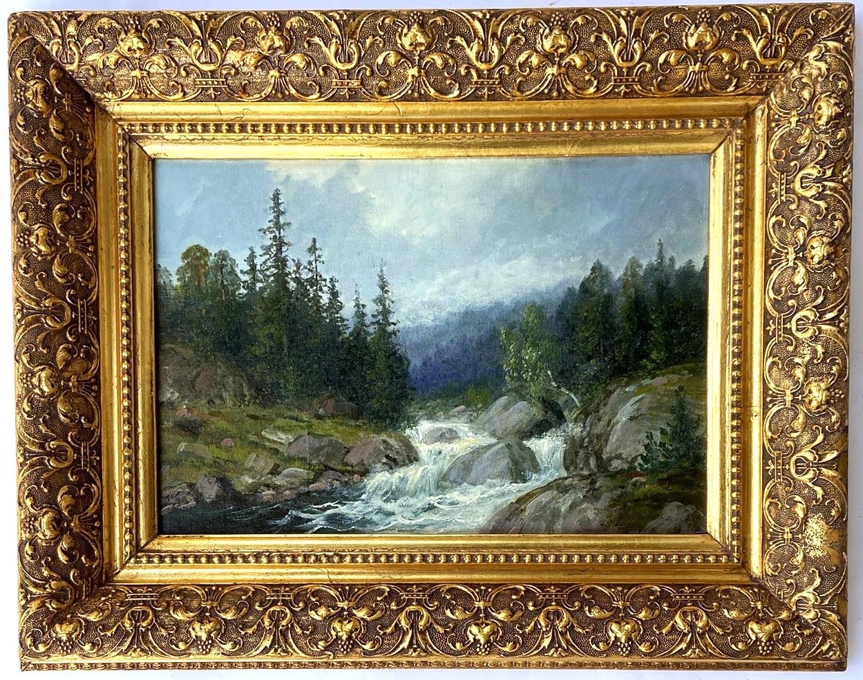Vakkert oljemaleri med motiv av en foss og skog. Signert. | FINN-torget