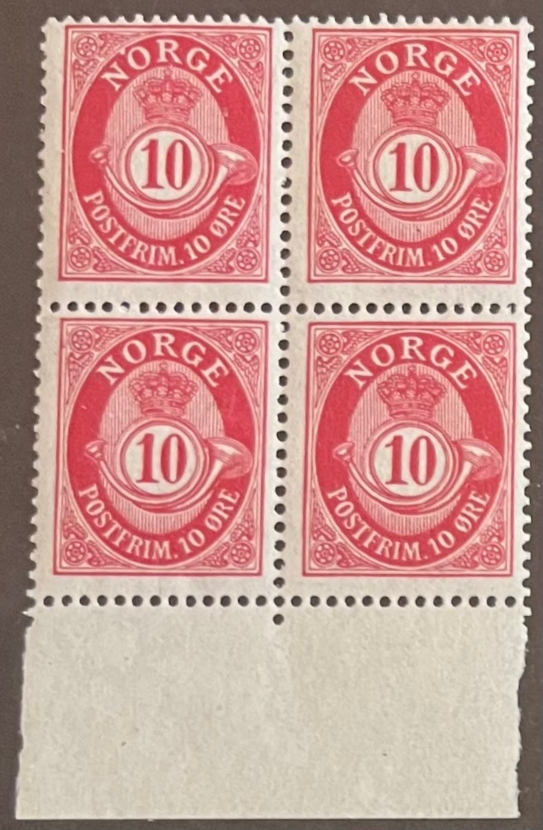 Norge klassiske 4-blokker, **|* , nk 100, 10 øre posthorn 1909 i pen 4 ...