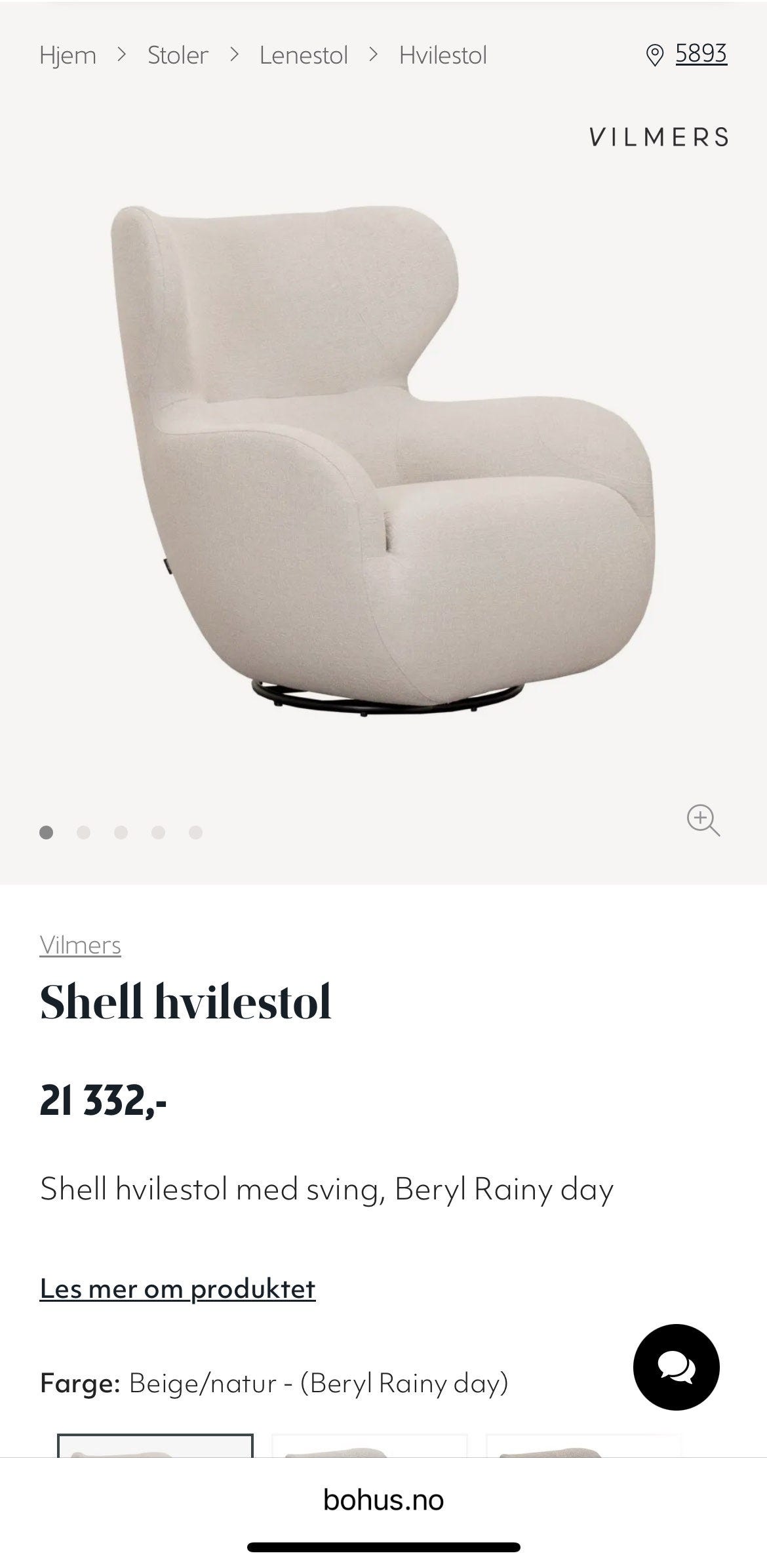 Vilmers Shell Gynge-Sving-Hvilesol Stol Beige Stoff | FINN-torget