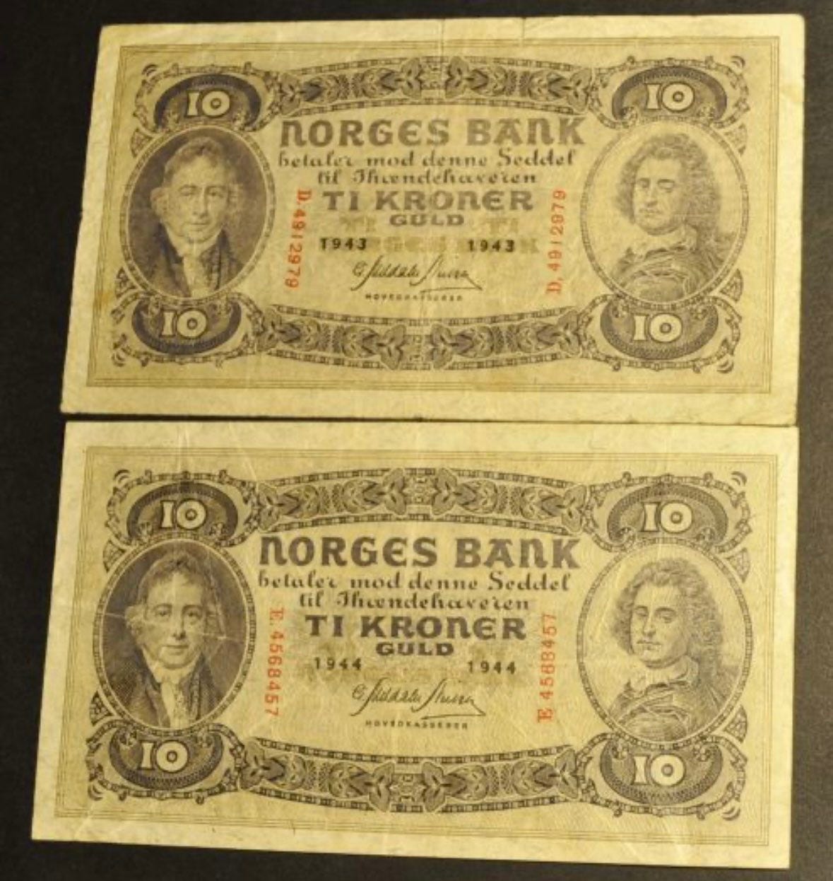 10 kr sedler fra 1943 og 1944. | FINN-torget