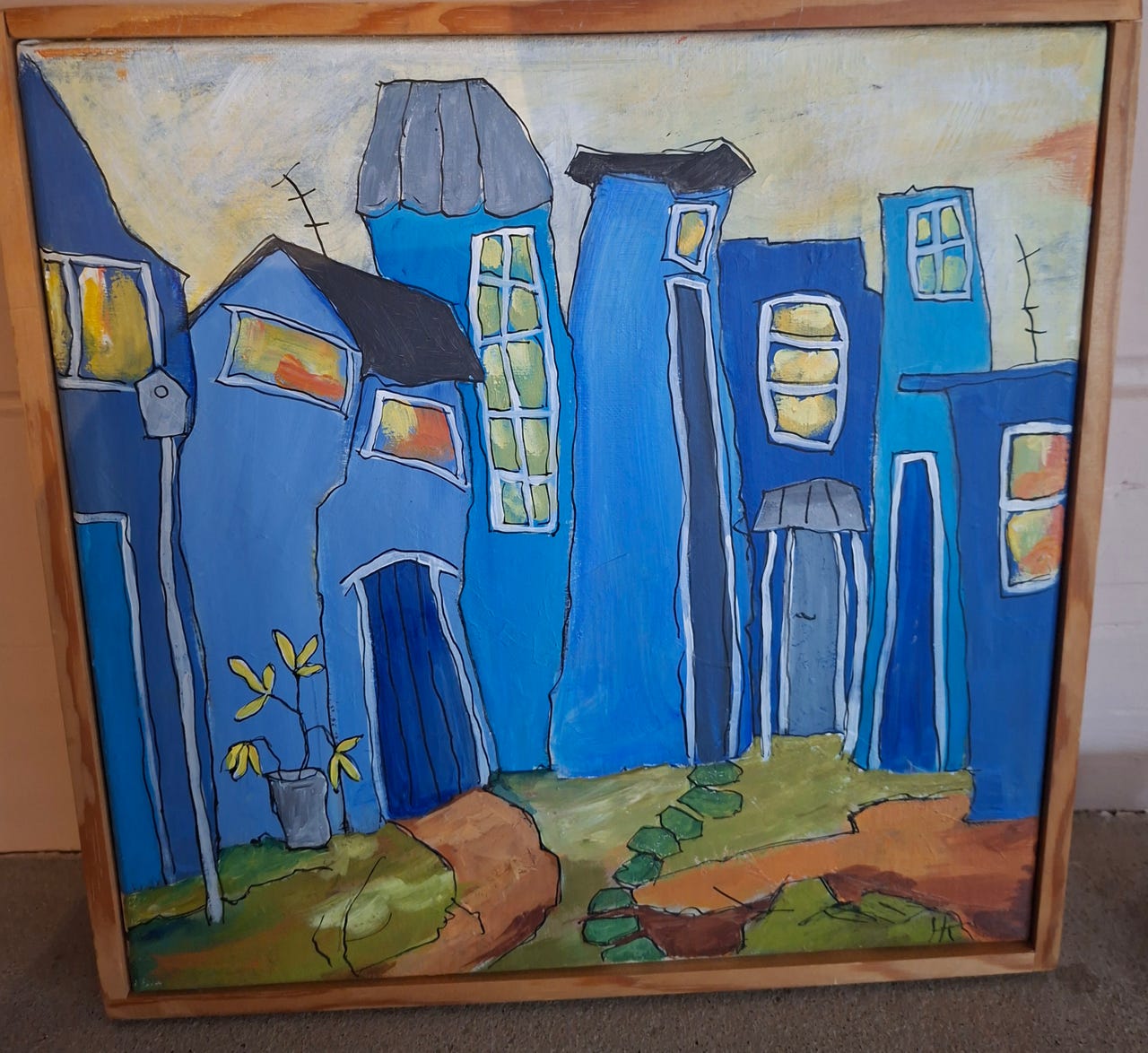Fargerikt originalt maleri – moderne blå husmotiv (30x30 cm) | FINN-torget