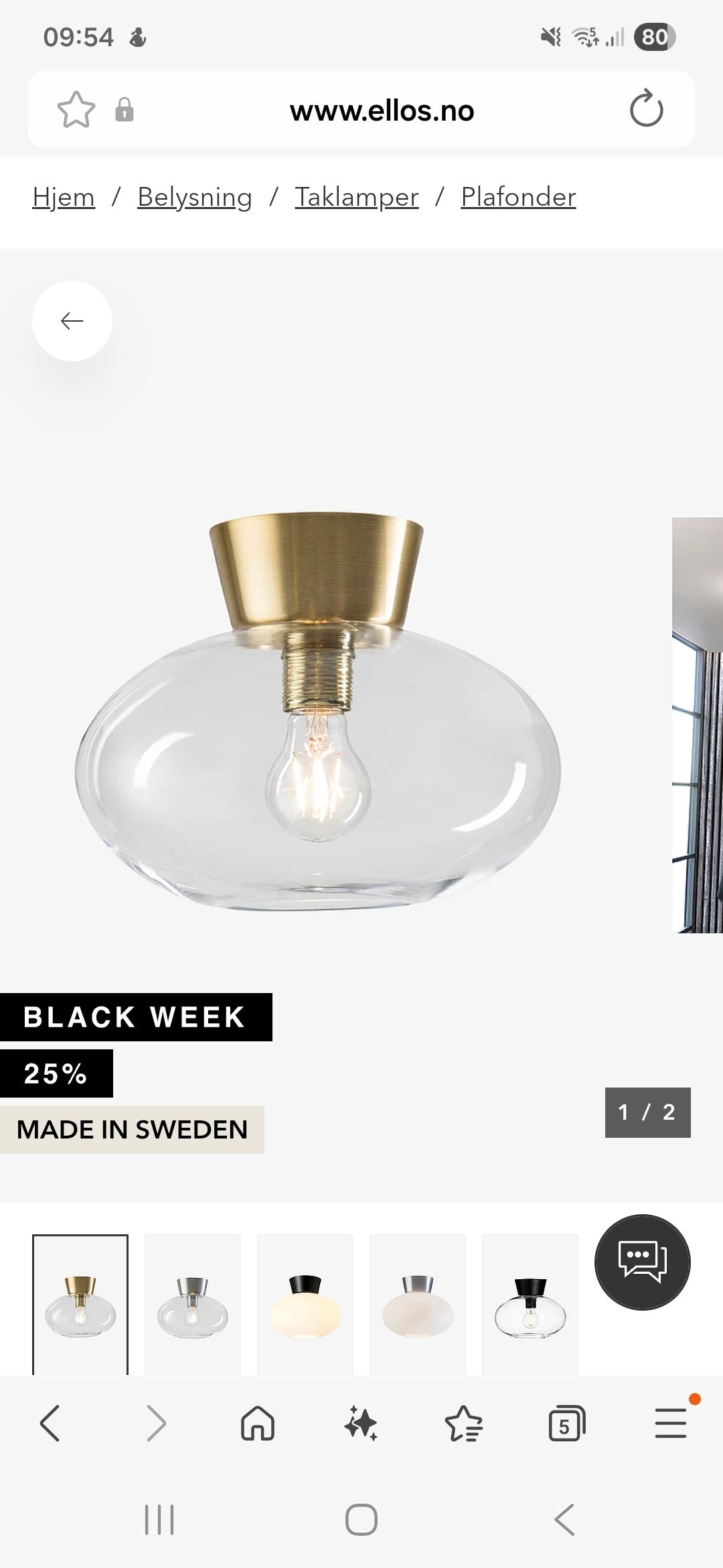 Taklamper plafond 2 stk messing glass, bullo ellos | FINN-torget