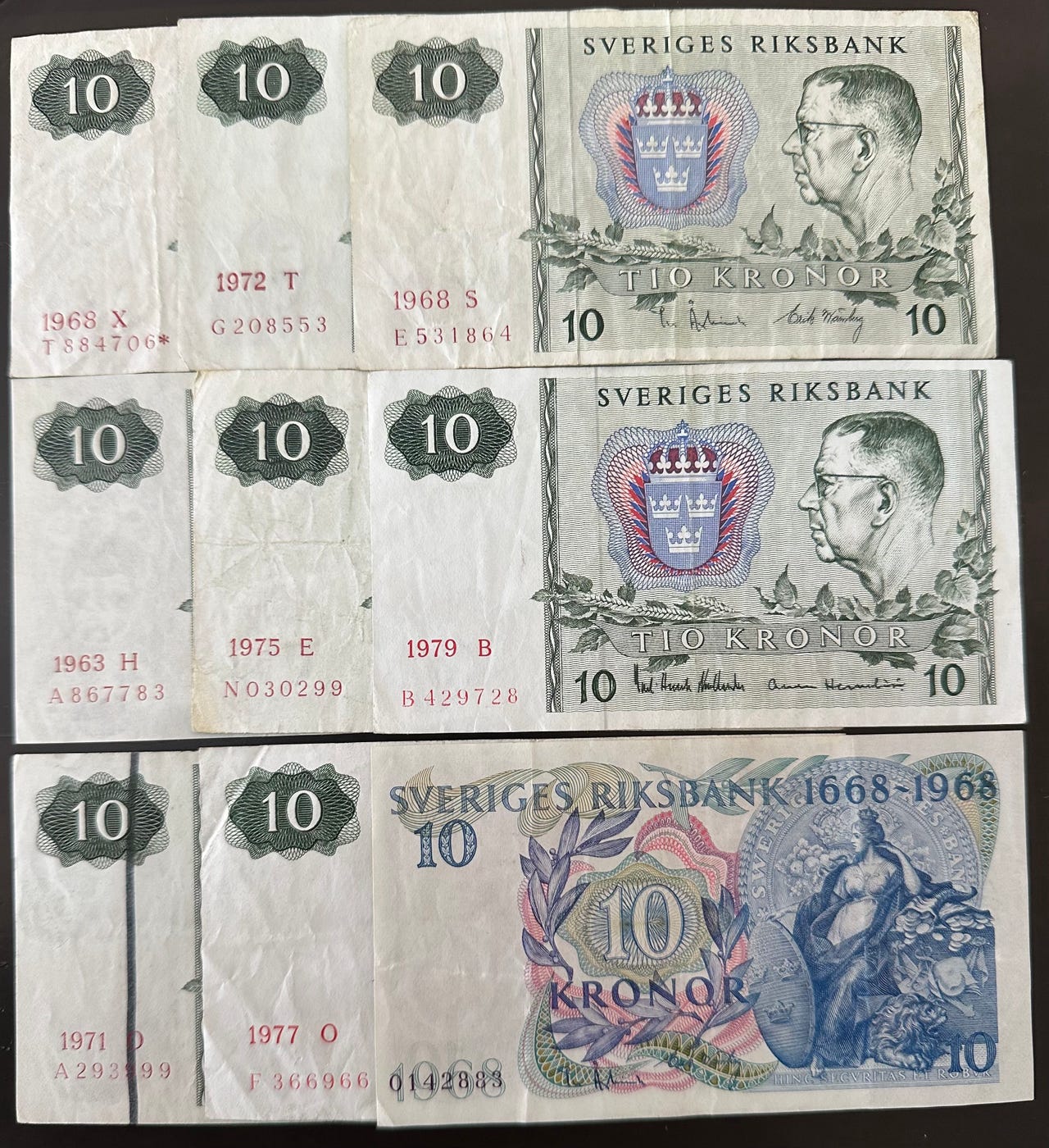 9 X Sveriges Riksbank 10 Kronor sedler 1960 og 70 tallet - pris ...
