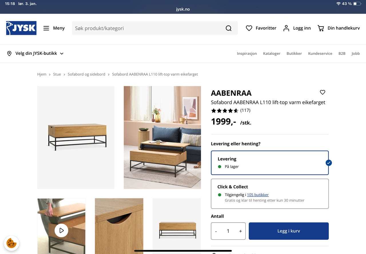 RESERVERT Sofabord med oppbevaringsplass og høydejusterbar bordplate ...