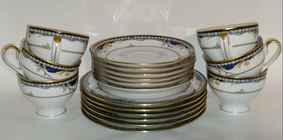 Eschenbach Porcelain Tea Set 6 Cups Saucers Plates Blue Gold Germany ...