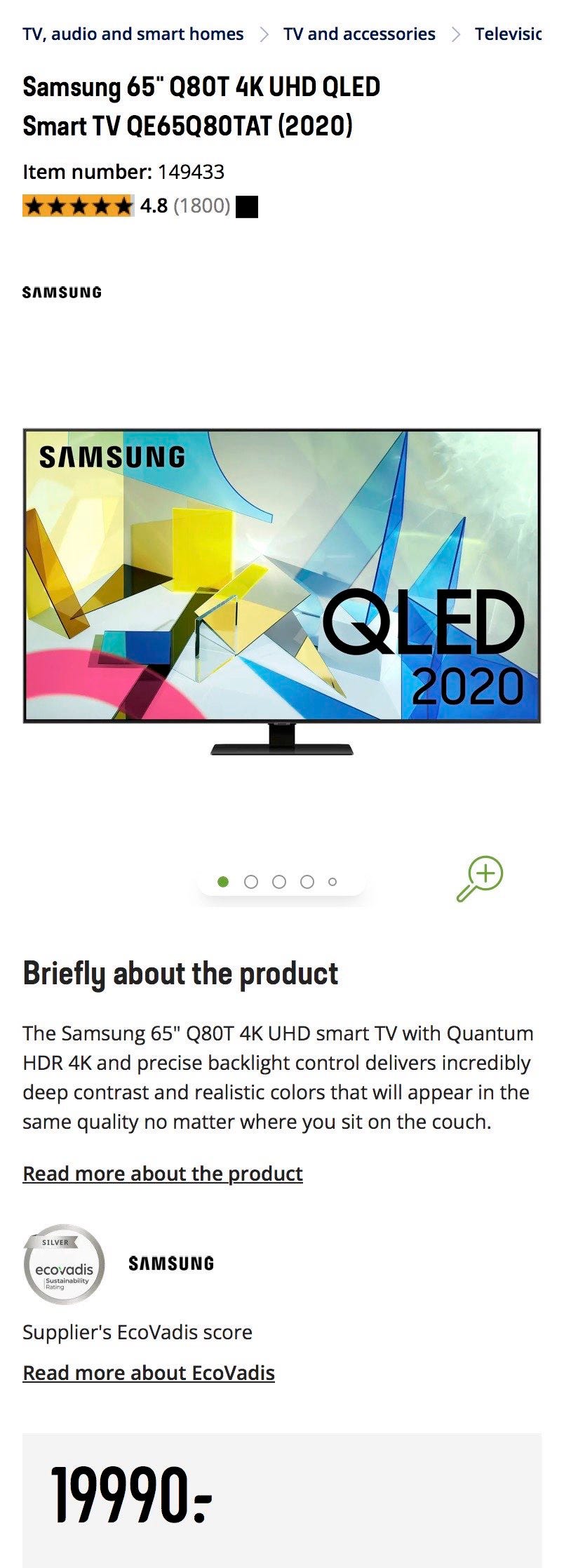 Samsung 65" Q80T 4K UHD QLED Smart TV QE65Q80TAT | FINN-torget