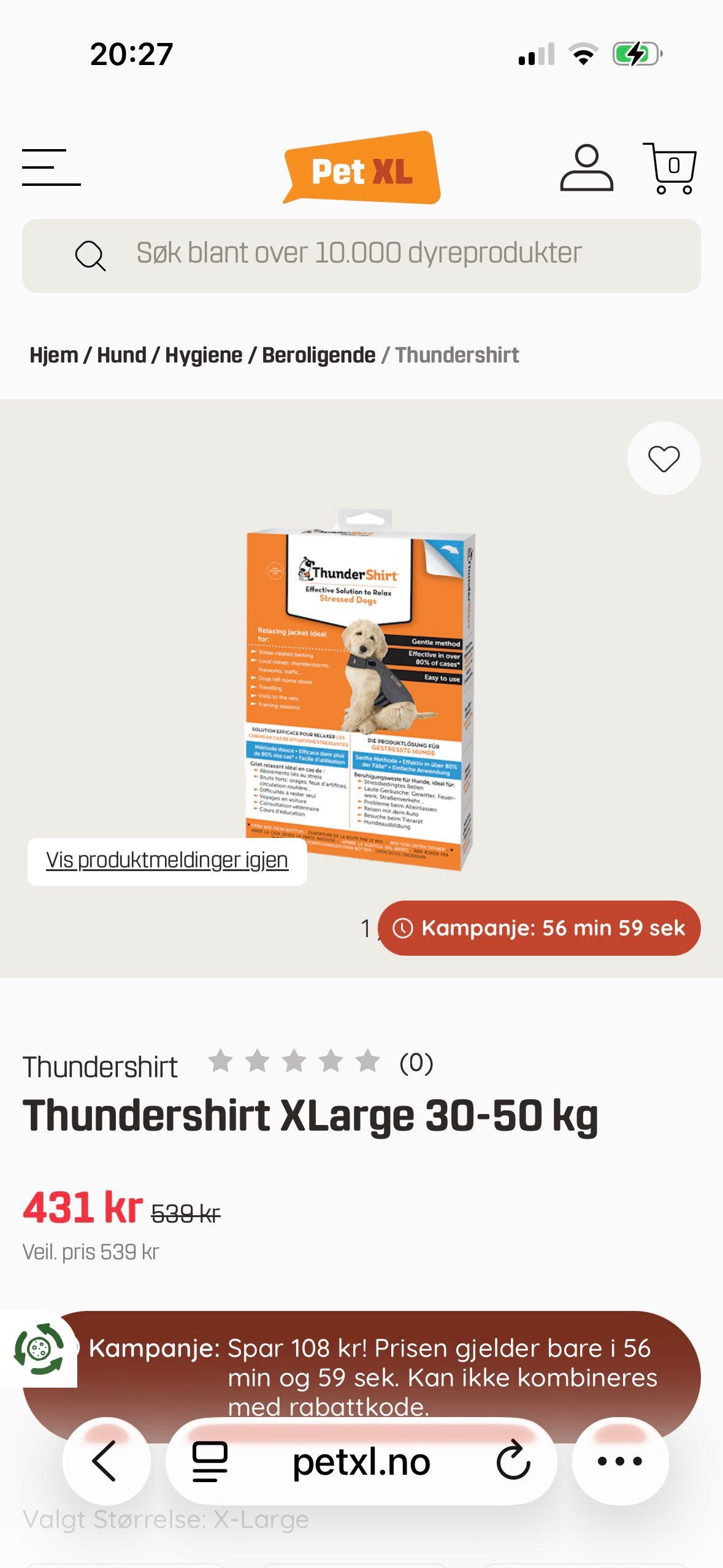Thundershirt XLarge Hundedekken 30-50 kg Grå | FINN-torget