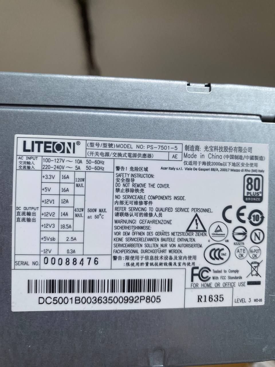 strømforsyning LiteOn PS-7501-5, 500 W, 80+ Bronze-sertifisering | FINN ...