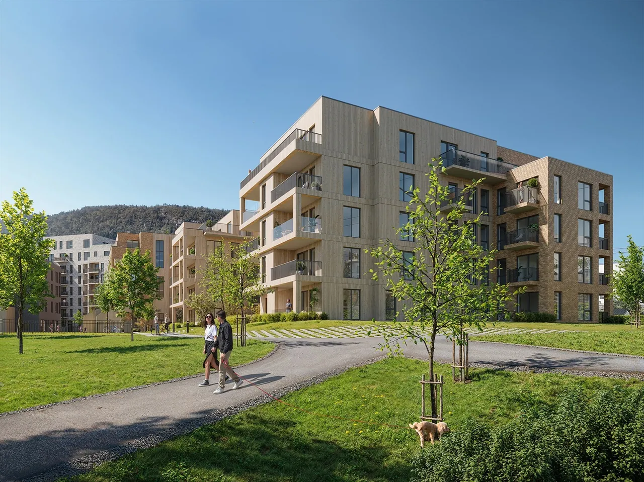 Hus B med 39 nye Plussboliger langs Bybanen, med nydelig utsikt mot Solheimsvatnet og grønne ...