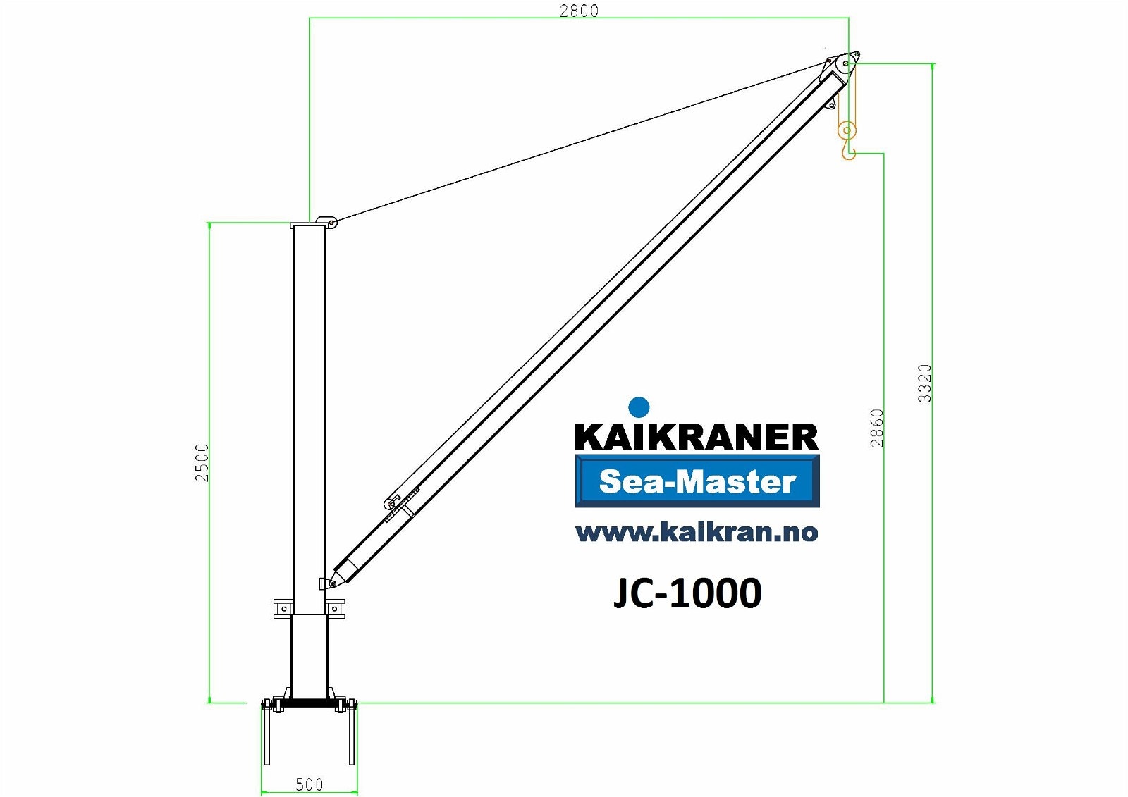 Kaikran for 1000kg løft, kran i varmgalvanisert stål med 360g sving ...
