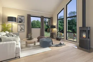 Praktisk og moderne kompaktbolig med åpen himling og vinduer som gir en ...