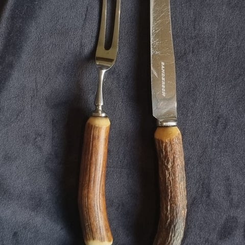 Fransk vintage stekeholder og gaffel, benhåndtak | FINN-torget