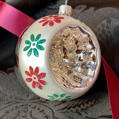 Vintage munnblåst reflektor-kule 🎄 hvit/grønn/gull – 1950–60-tallet ...