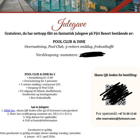 Gavekort Fyri Resort m/3 retters og Pool club | FINN-torget