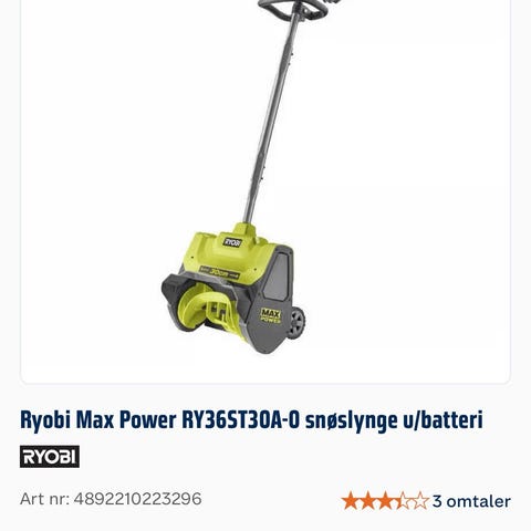 Ryobi 36v max power snøfreser | FINN-torget