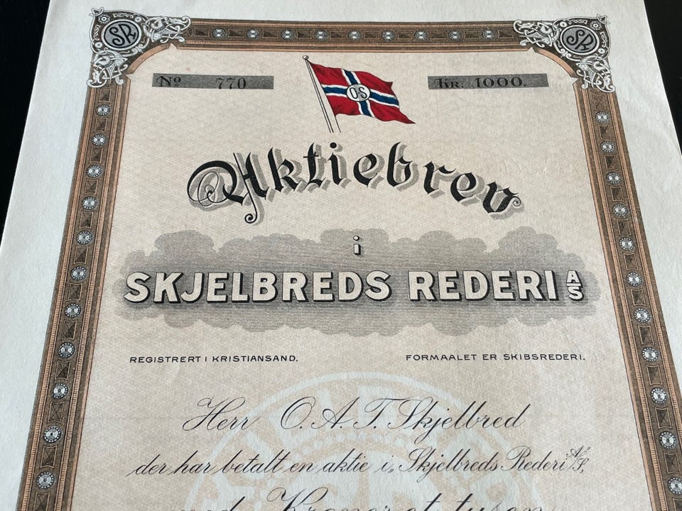 AKSJEBREV- SKJELBREDS REDERI A/S - KRISTIANSAND 1919 | FINN torget